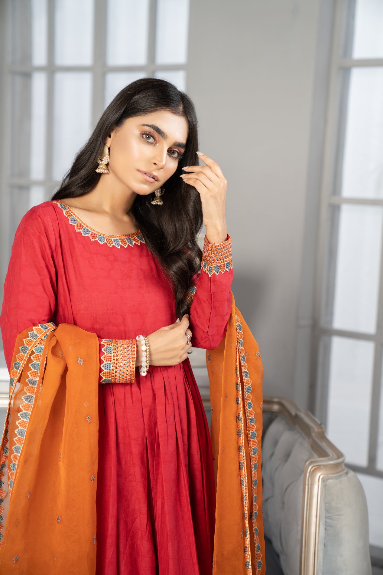 Cotton Self Jacquard Embroidered Pishwas by Hemline 01